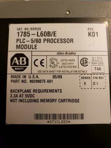 Allen Bradley PLC-5 Processor Module Controller 64K 1785-L60B Series E