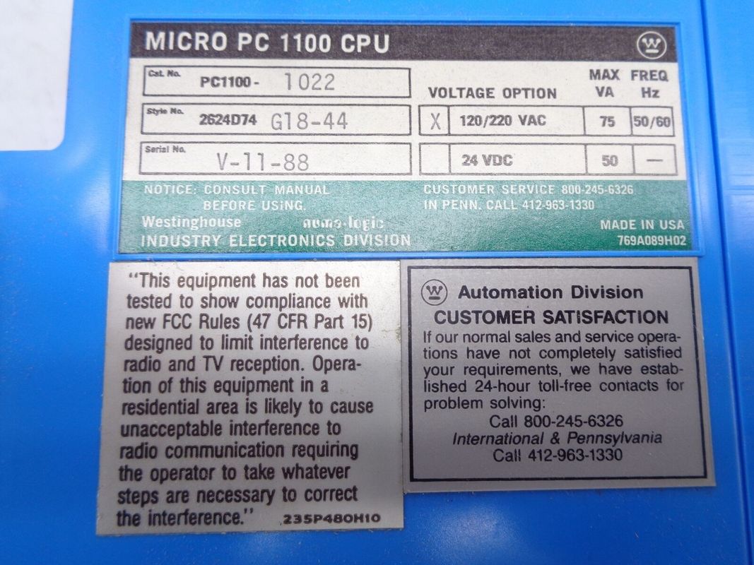 WESTINGHOUSE PC1100-1022 PROGRAMMABLE CONTROLLER MICRO PC 1100 CPU NUMA ...