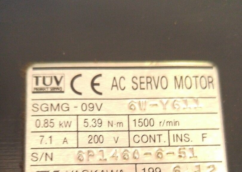 Yaskawa SGMG-09V 6W-YG11 SERVO MOTOR 0.85 KW 5.39 NM 1500 R/MIN 10.7 AMP